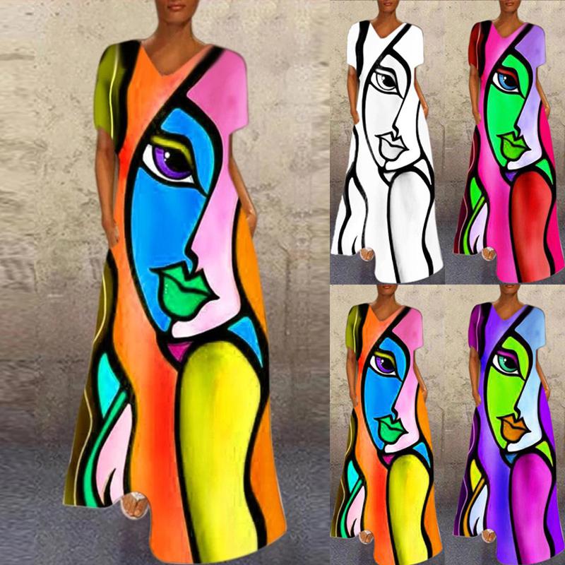 Buy Women Vintage Abstract Printed Dress Casual Short Sleeve Pocket A ...