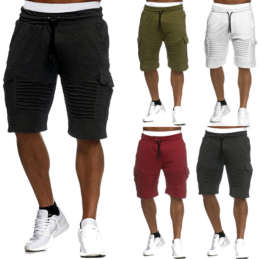 Buy Men's Pleated Solid Color Fitness Sports Five-point Shorts at ...