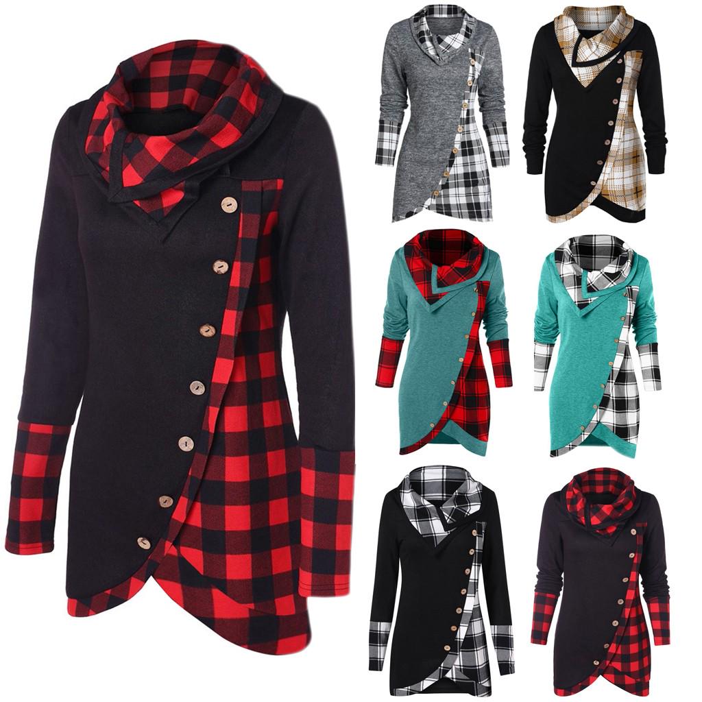 Buy Blouse Women Long Sleeve Plaid Turtleneck Tartan Tunic Sweatshirt ...