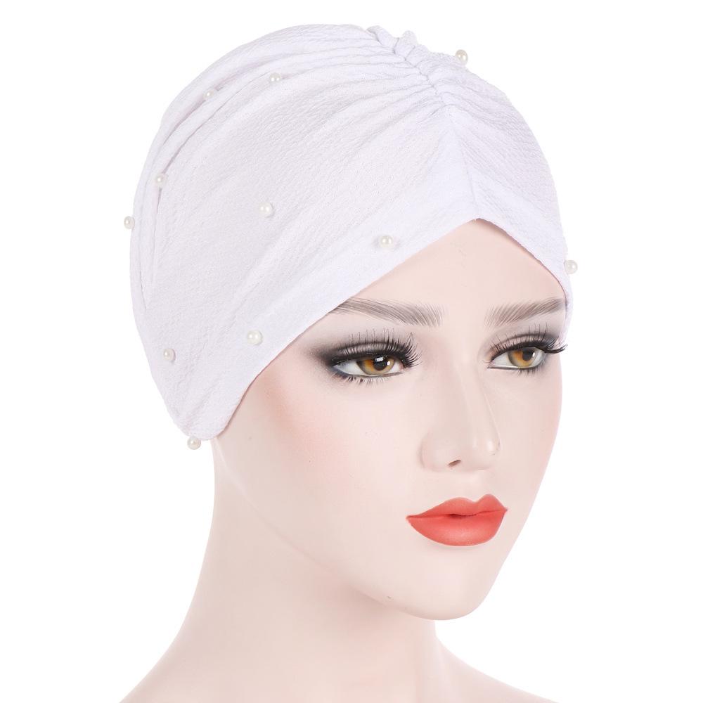 Women Beanie Muslim Hijab Scarf Turban Pearl Beaded Hair Loss Head Wrap ...