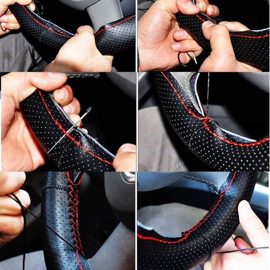 Cheap Car Hand Sewing Full Hole Steering Wheel Cover Black Red Four