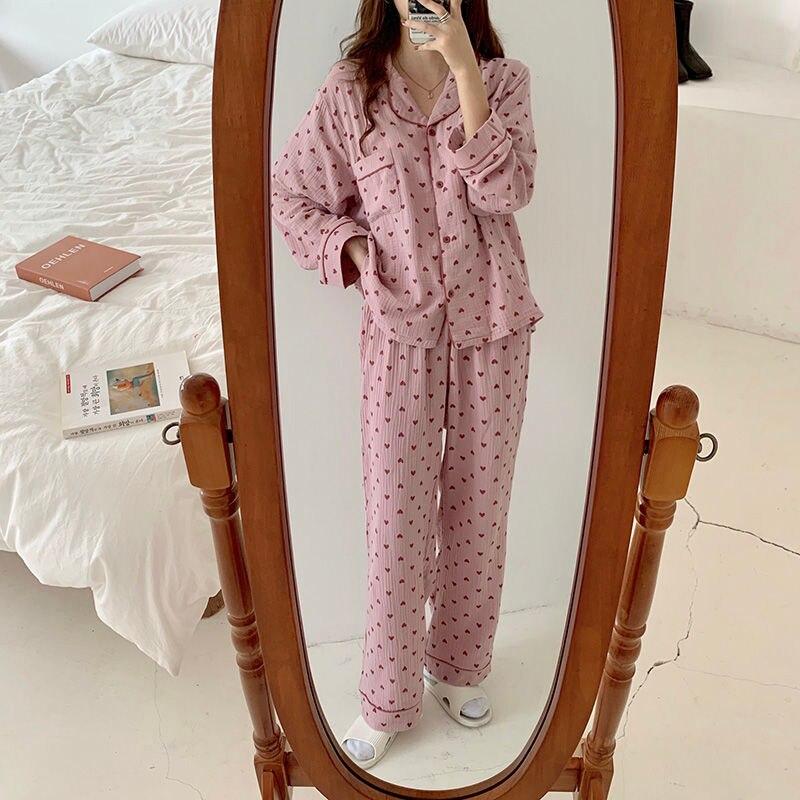 Buy Cotton Sleepwear Korean Pajamas Women Autumn Cute Heart Print ...