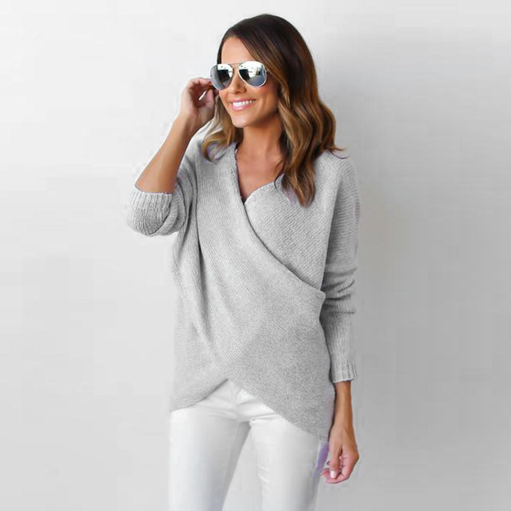 Buy Womens V-Neck Cross Long Sleeve Loose Knitted Sweater Casual Jumper ...