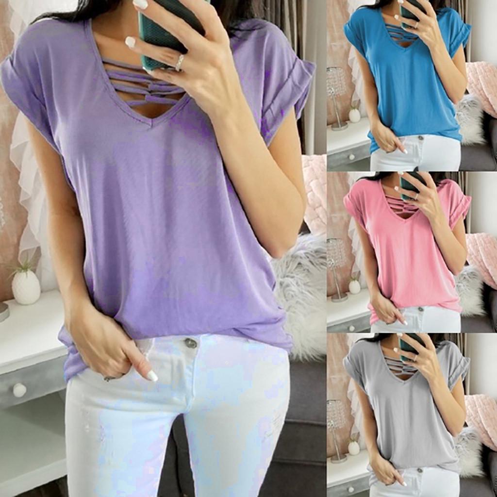 Buy Women's Sexy Short Sleeve Solid Front Criss Cross Shirt Pullover ...