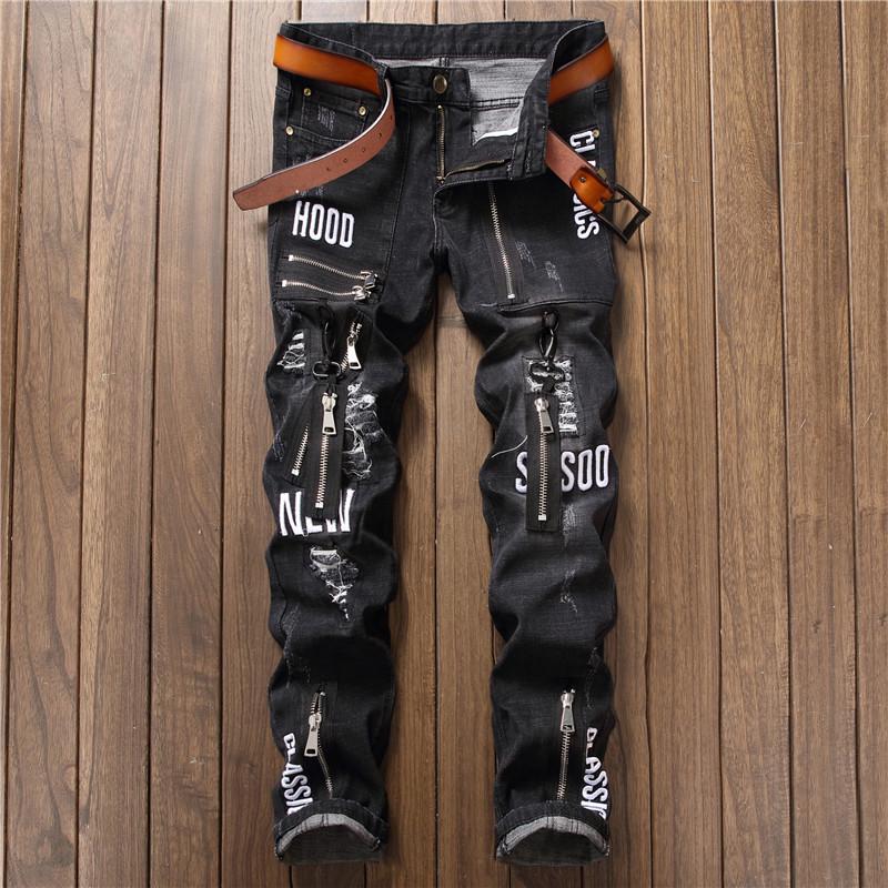 Men's fashion popular logo jeans elastic nine point jeans slim and ...