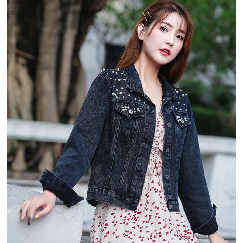 Buy Denim Coat Autumn Pearl Beaded Short Denim Jackets Women Long ...