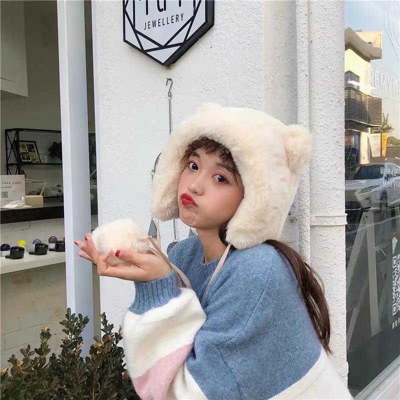 Buy Hat Female Winter Warm Bear Ears Cute Plush Ear Caps Thick ...
