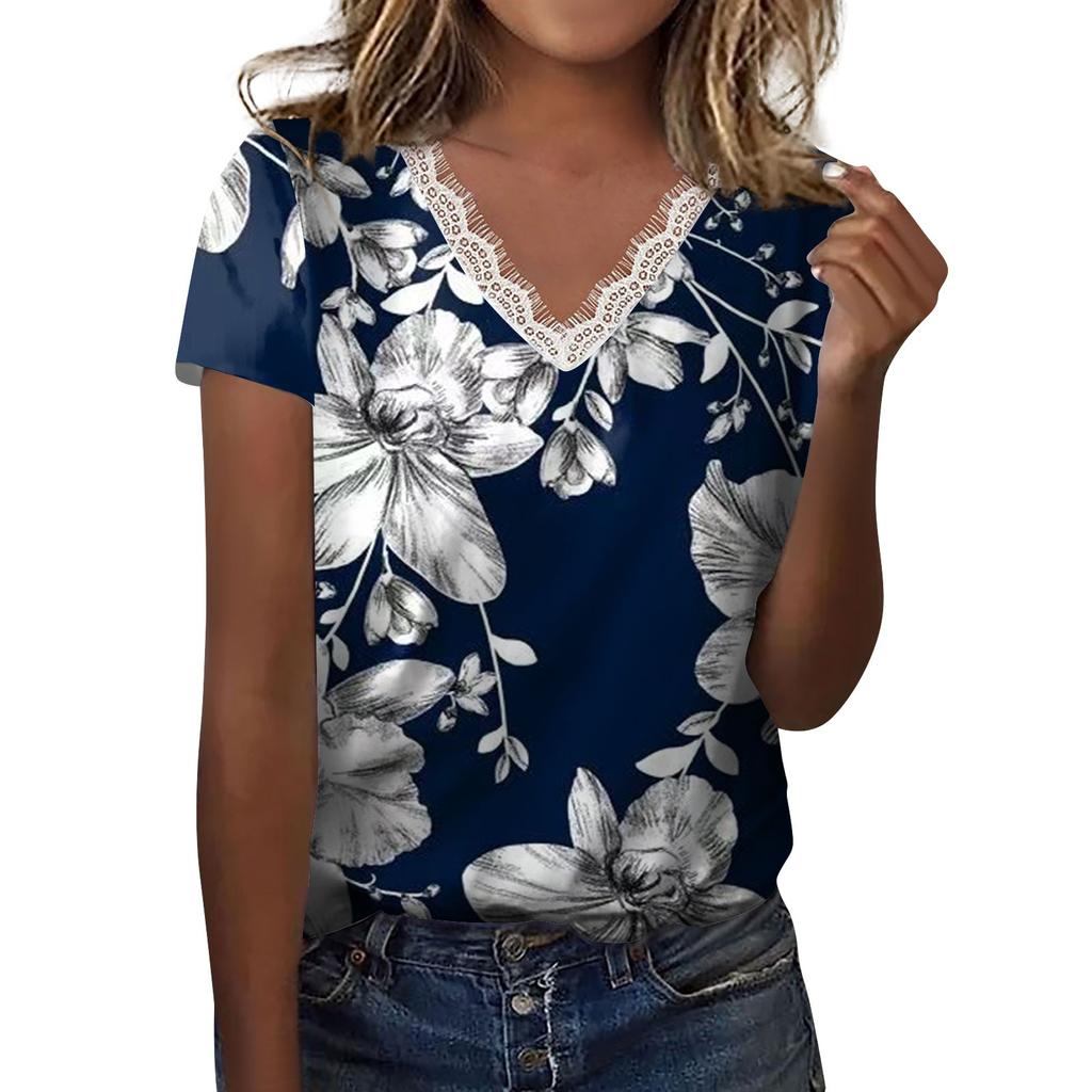 Cheap Women's V-neck Short Sleeve Lace Patchwork Top | Joom