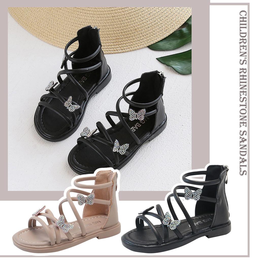 Buy Back Zipper Girls Sandals Rhinestone Butterfly Soft Bottom Flat ...