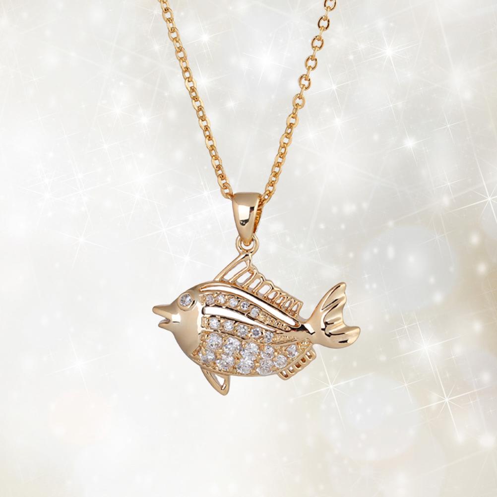 Women Necklace Diamond-encrusted Lucky Fish Pattern Hollow Dangling ...