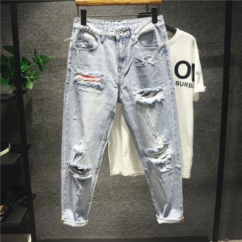 Spring Summer Ripped Jeans Men's Loose Thin Beggar Jeans Cropped Jeans ...
