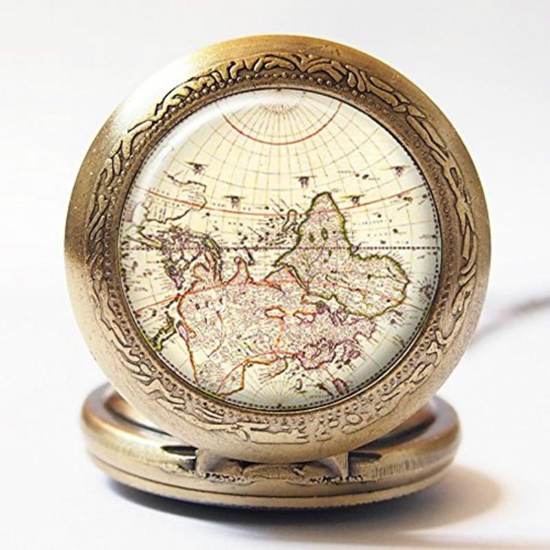 Vintage Nautical World Map Pocket Watch Hand Craft Casestars Pirate ...