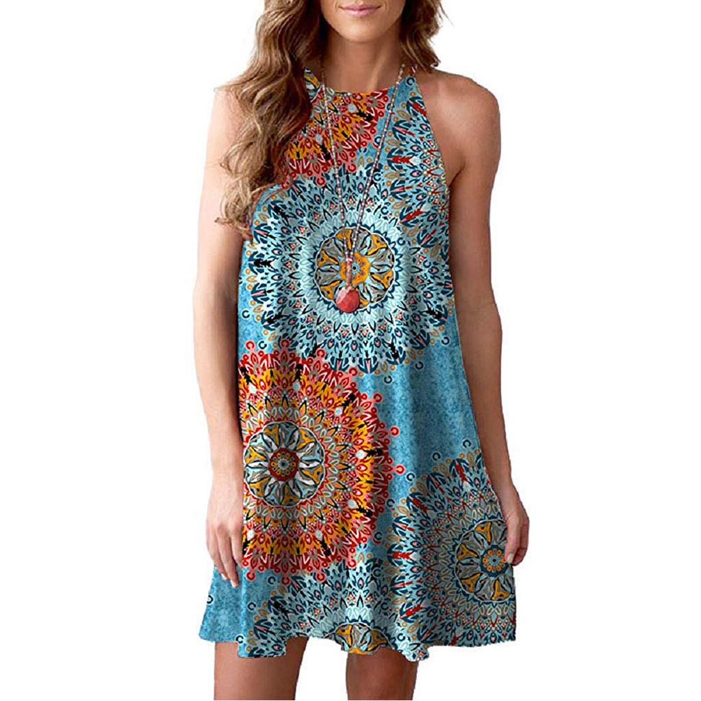 Buy Boho Print Casual Mini Beachwear Dress Sundress Women Sleeveless ...