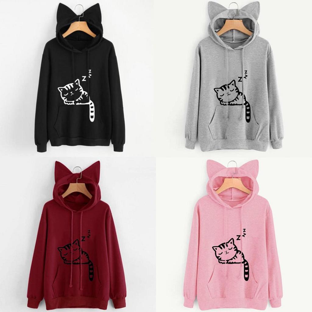 Cheap Women Cute Front Pocket Cat Ear Hoodie Sleeping Cat Pattern ...