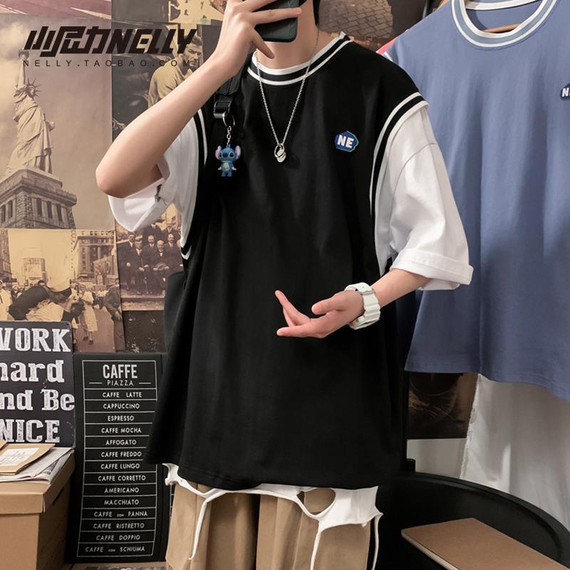 Buy Hong Kong Style Fake Two Pieces Short Sleeve T-shirt Men's Summer ...