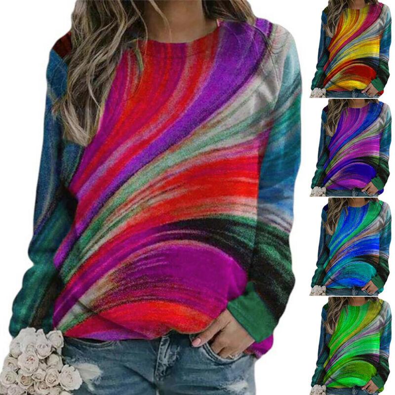 Cheap Women Multicolor Printed Casual Baggy Long Sleeve Crew Neck T ...
