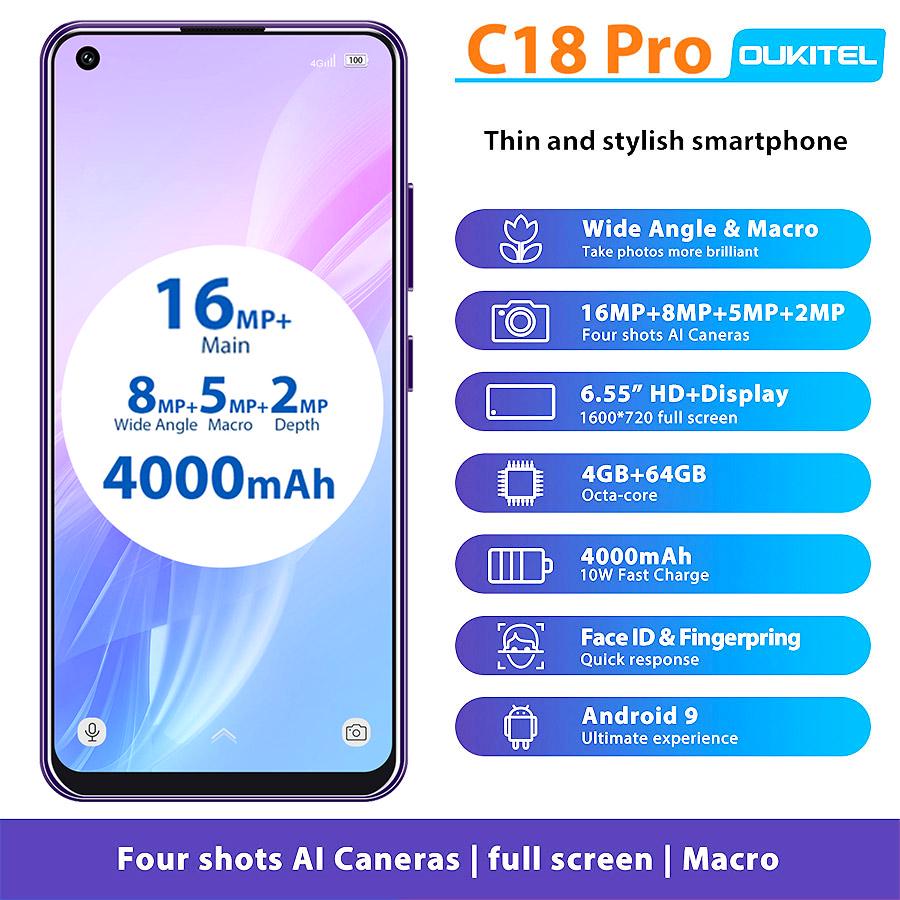 Buy OUKITEL C18 Pro 4 Cameras Full Screen Smartphone 6.55"HD Android 9. ...