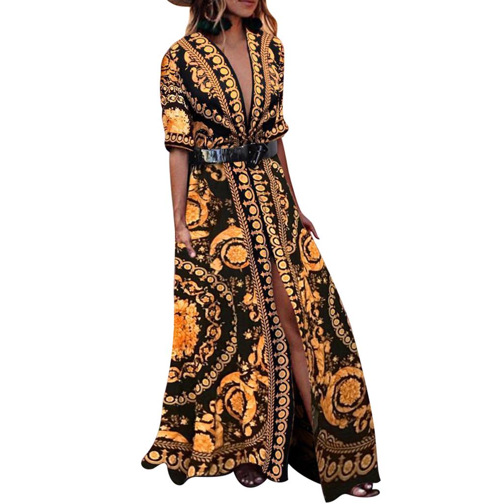 Buy Women Fashion Print Maxi Deep V-Neck Short Sleeve Fork Dress C at ...