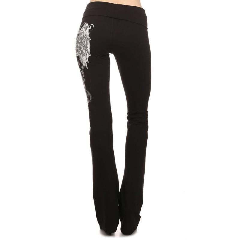 Buy Womens High Waist Angel Wing Printed Long Pants Casual Black Flare ...