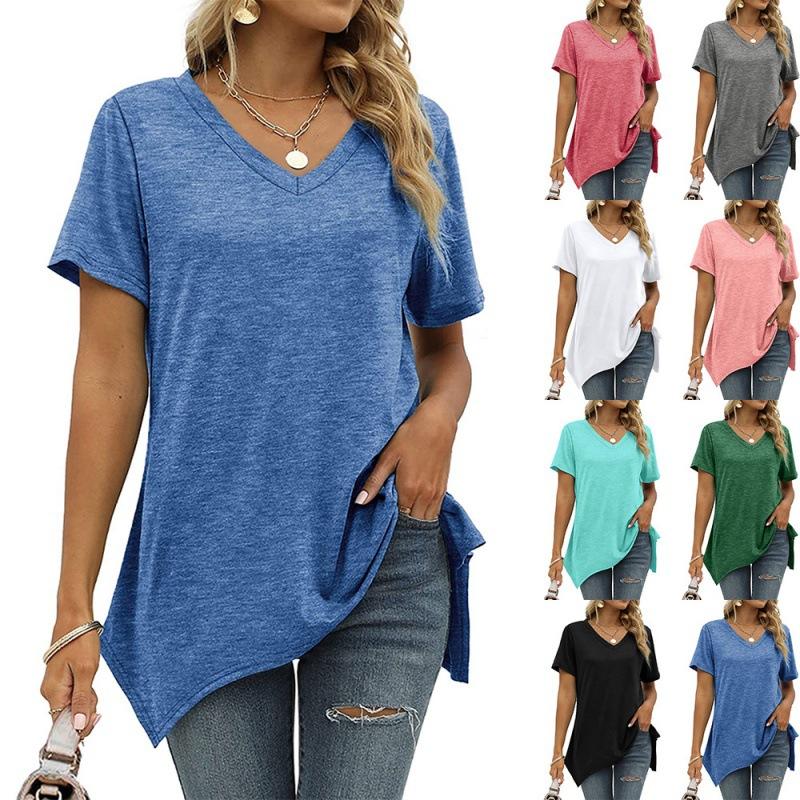 Buy Fashion Spring and Summer Solid Color V Neck Short-sleeved ...
