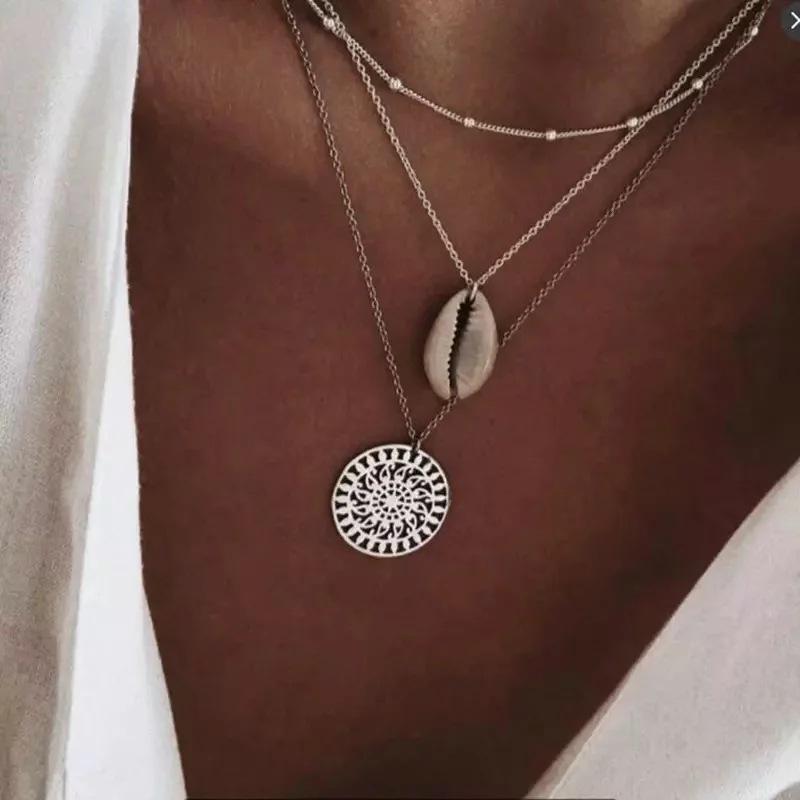 Shell Pendant Hollow Carved Necklace Three Layer Necklace Fashion ...
