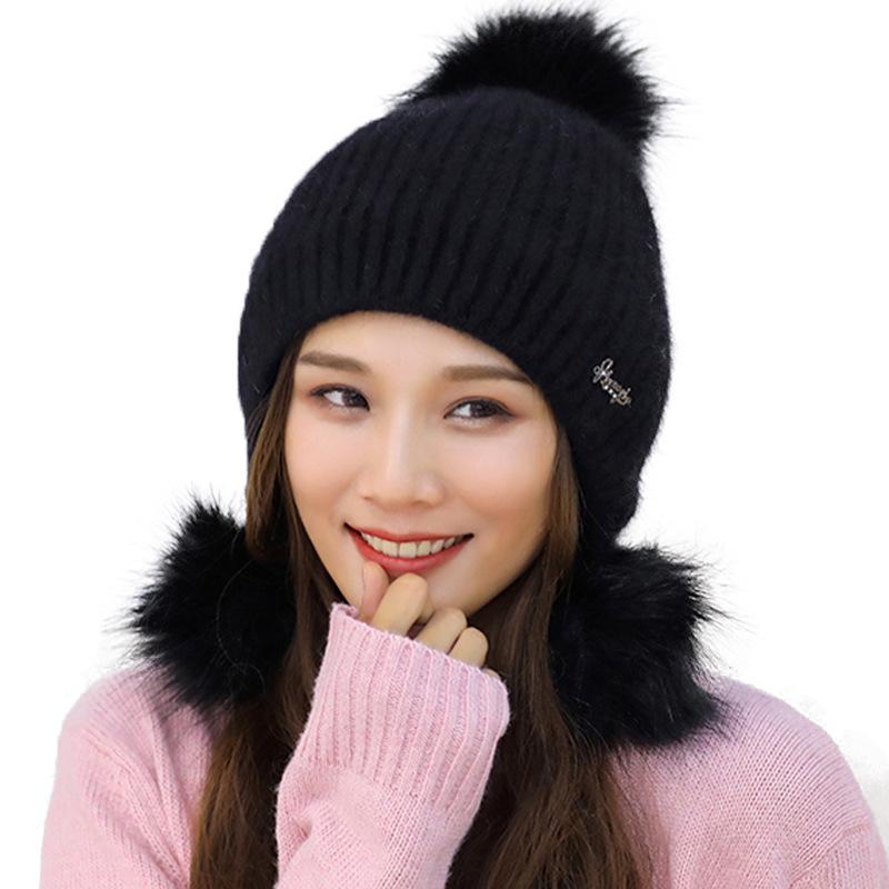 Scarf Hat Set Fashion Women Winter Warm Solid Pompoms Beanie Knitted ...