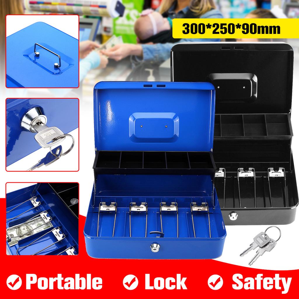 12" Inch Portable Money Safe Storage Blue Sturdy Metal With Coin Tray ...