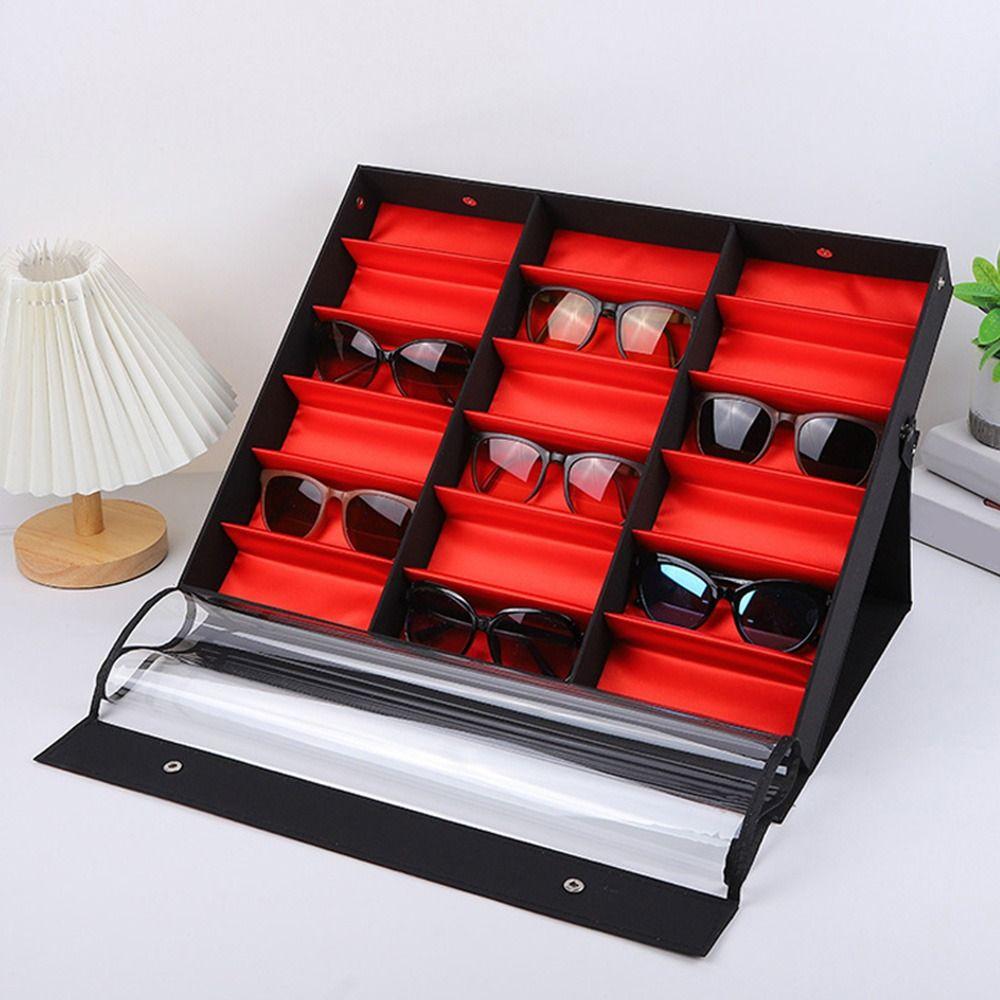 Cheap Leather Eyeglass Organizer Box 18 Grids Glasses Tray Sunglasses ...
