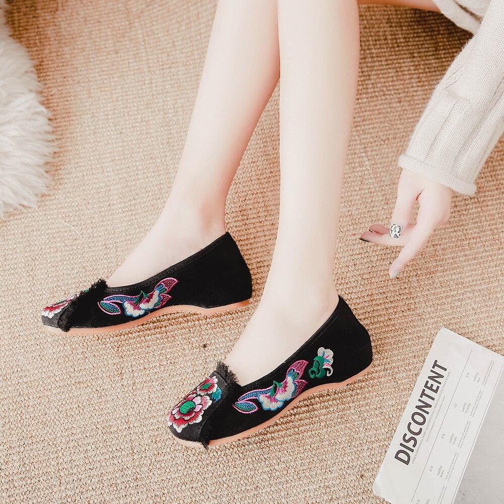 Cheap Flower Embroidered Ladies Tassel Cotton Fabric Slip-On Ballet ...