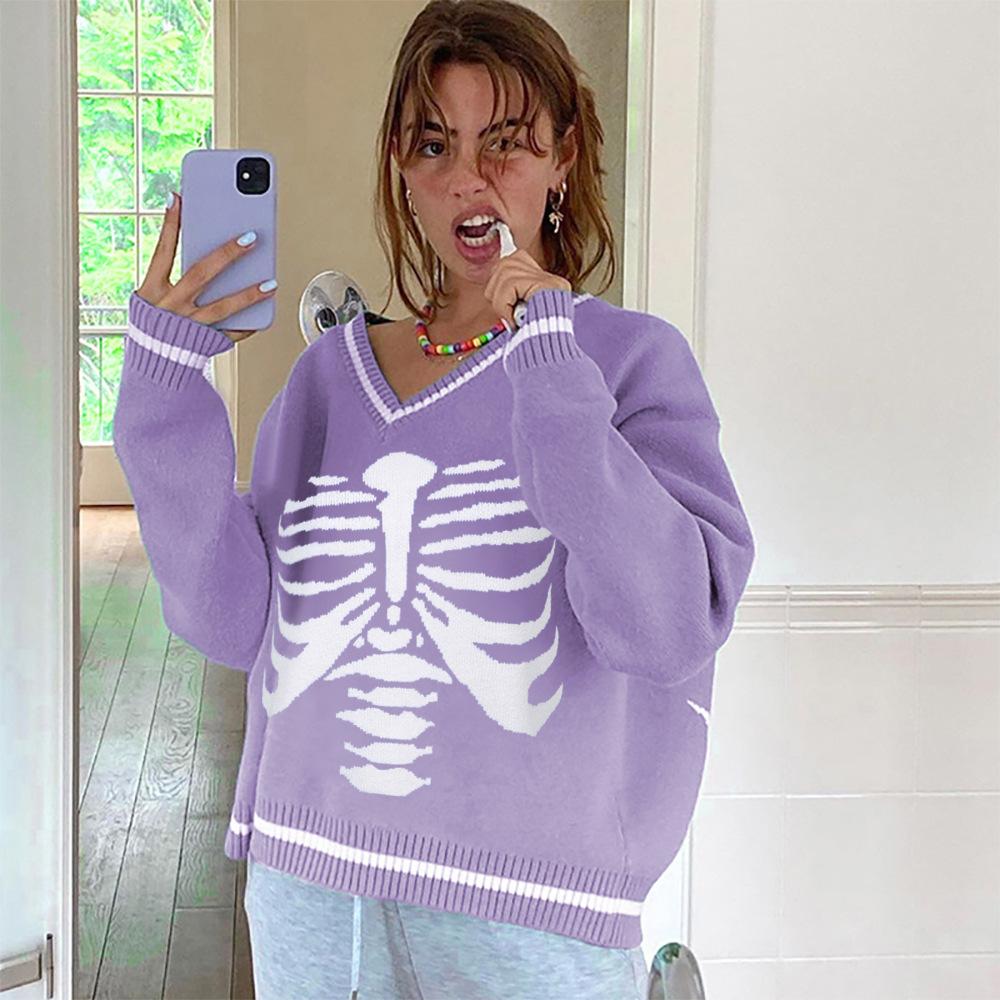 Buy V-neck Ribs Human Bone Print Y2K Fashion Loose Long-sleeved Knitted ...