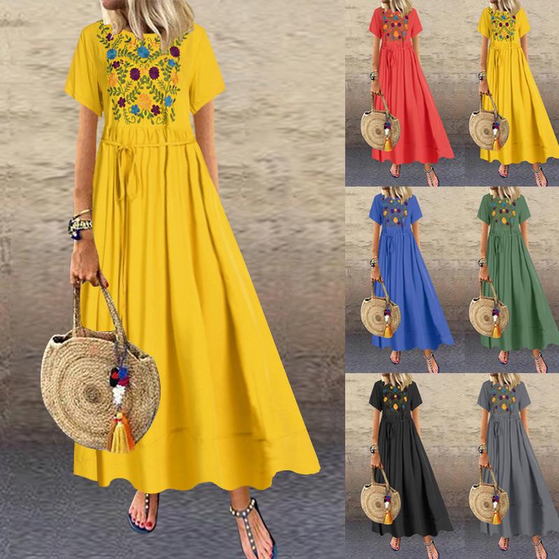 Buy ZANZEA Summer Women Short Sleeve Embroidery Pleated Sundress Casual ...
