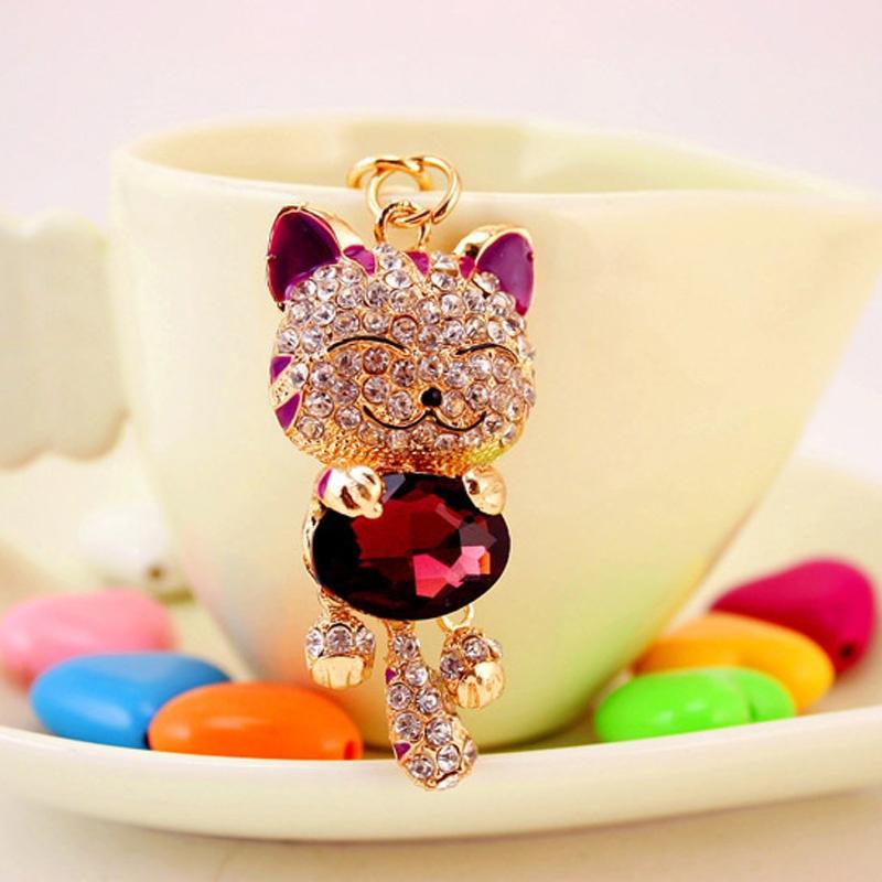 Buy Cat Keychain Gold Crystal Rhinestones Women Handbag Charm Key ...