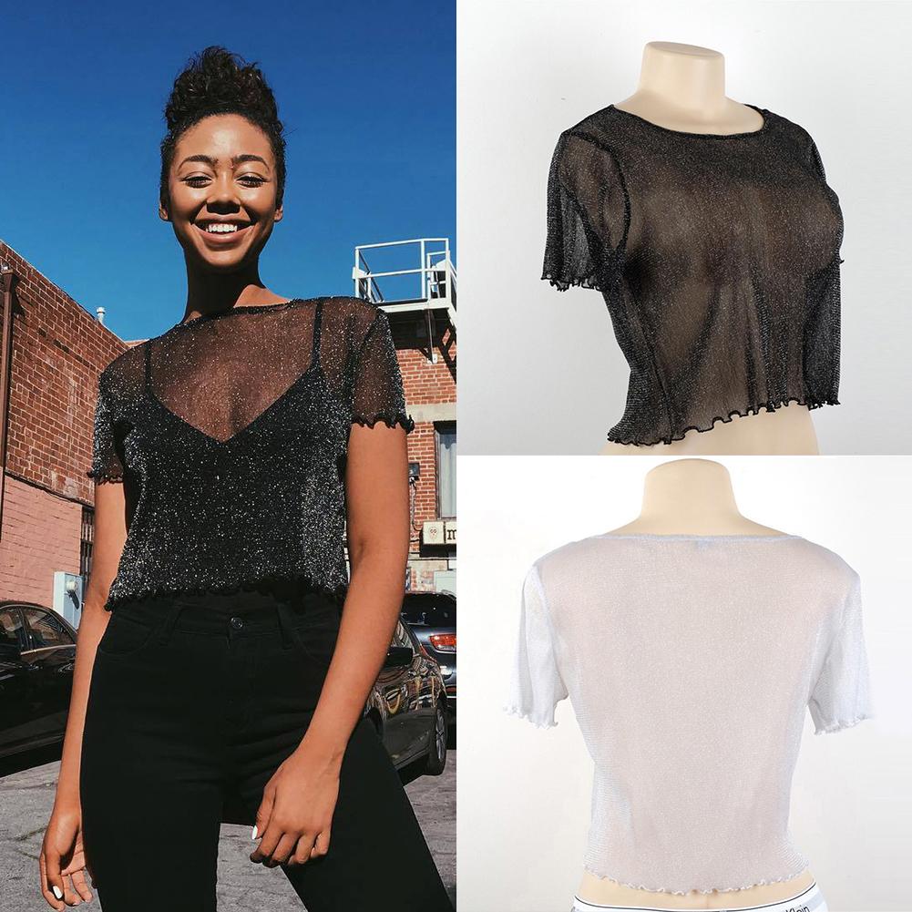 Buy Sexy Shiny Mesh Tank Tops Shirt Short Sleeve Casual Party Loose ...