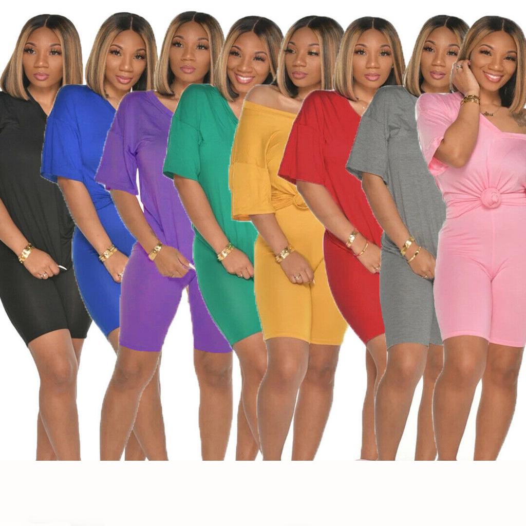 Buy V Neck Sleeves Set Two Piece Color Casual Short Women Pure Sports ...