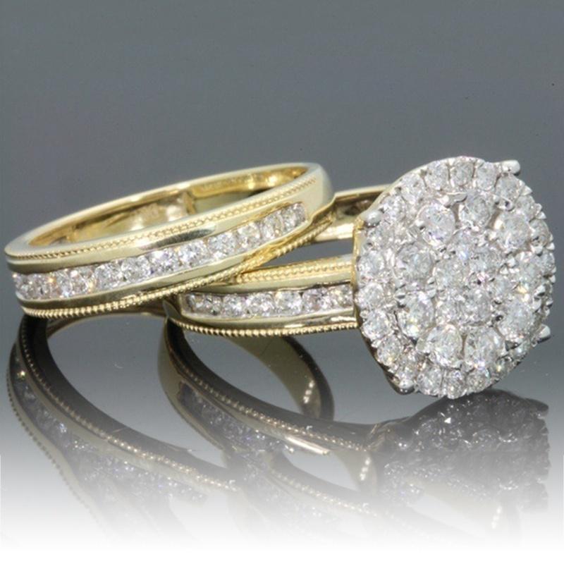 Buy Elegant Round Inlay Double Ring Set Wedding Bridal Ring Engagement ...