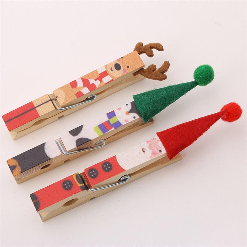 10 Pieces Christmas Decorations Cartoon Printed Wooden Clips DIY Party ...