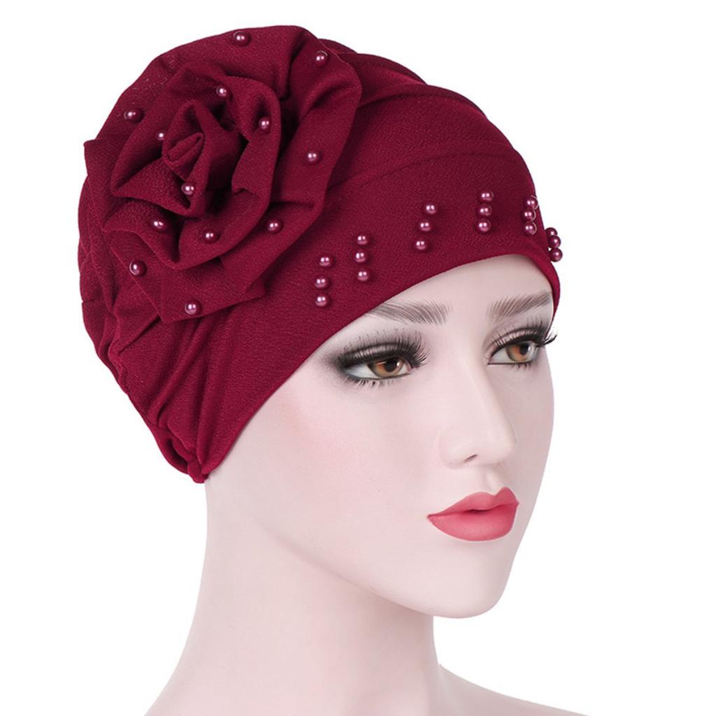 Buy Solid Color Bead Flower Women Muslim Hijab Hat Bohemia Style Lady ...