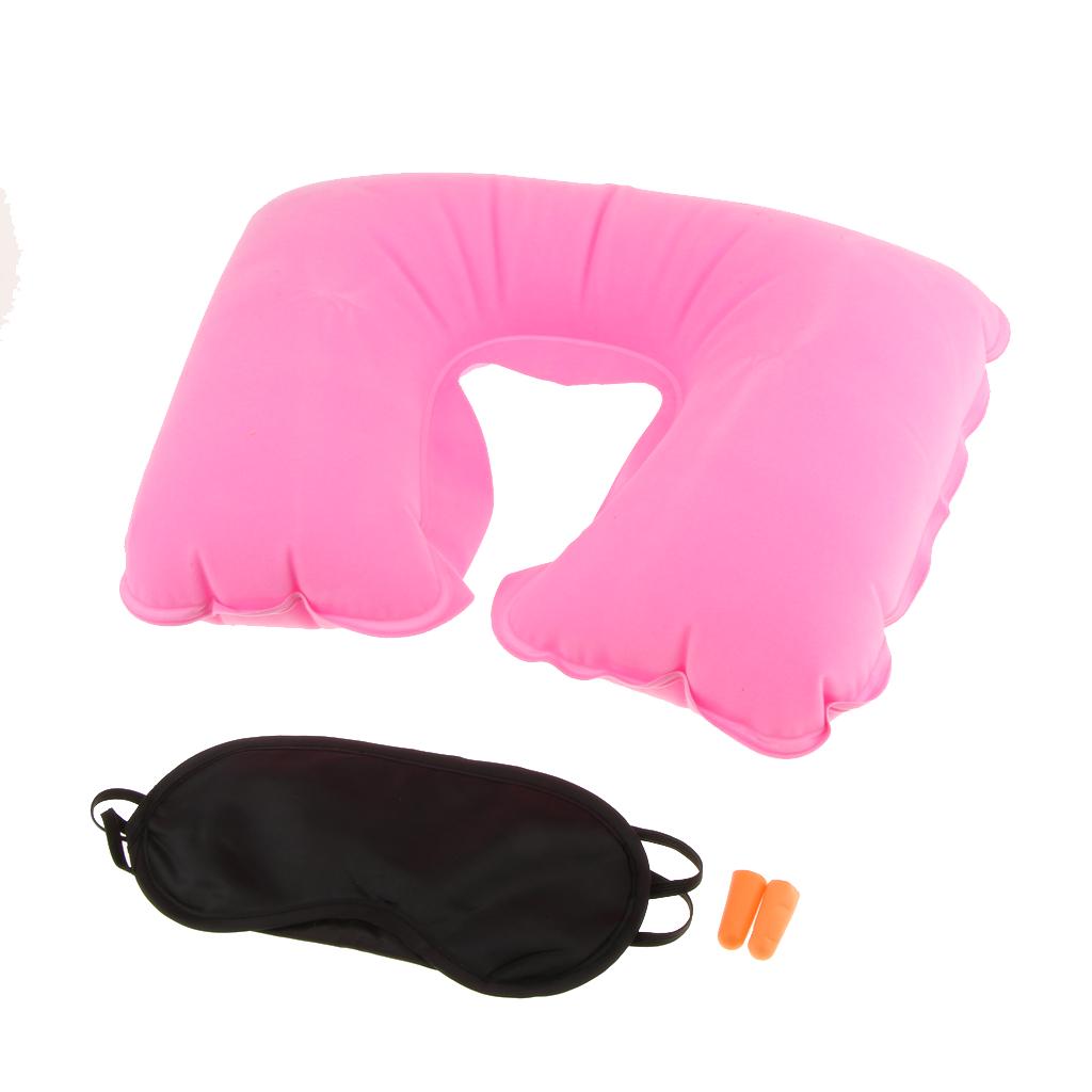 Inflatable Flight Travel Pillow Air Cushion Neck Rest +Eye Mask ...