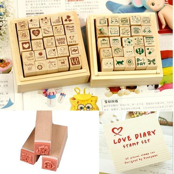 Buy 25pcs Happy Life Diary Stamp Set DIY Rubber Wooden Stamp Funny Kids ...