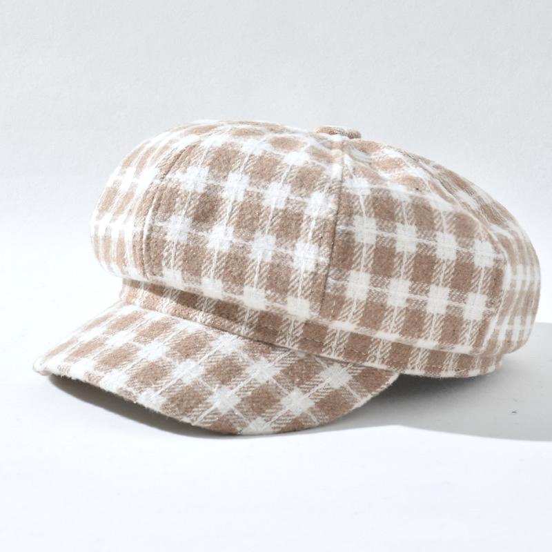Buy Retro Peaked Cap Plaid Octagonal Hat Autumn and Winter Women's Hat ...