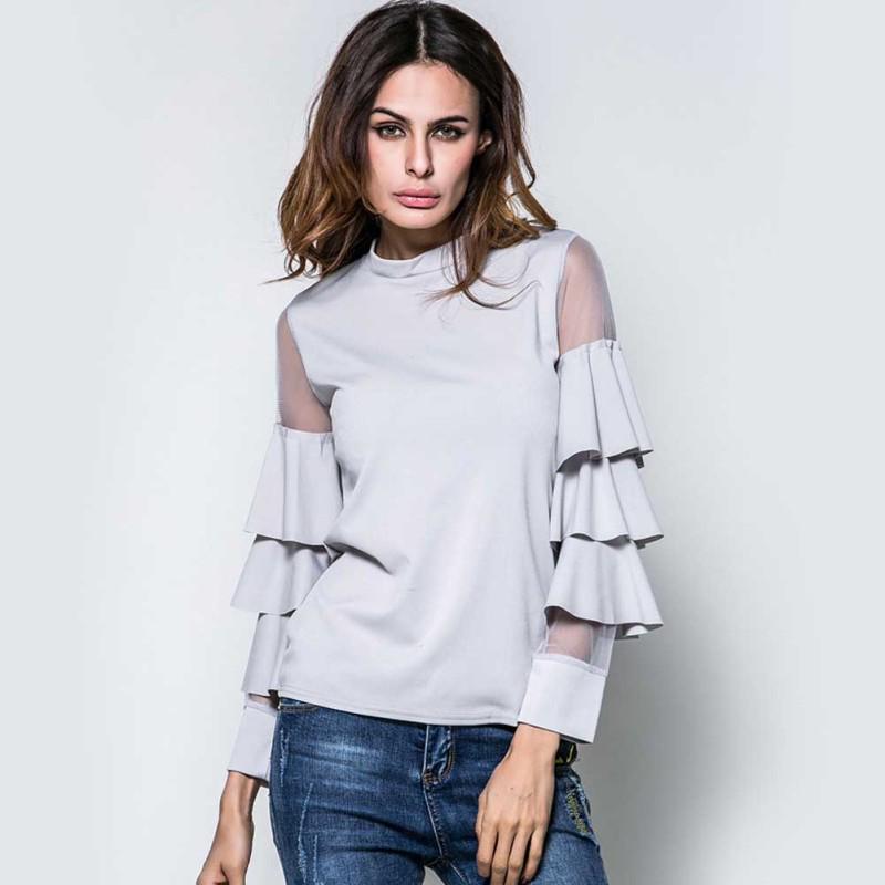 Buy Women Small Stand Collar Net Yarn Splicing T-shirts Pagoda Sleeve ...