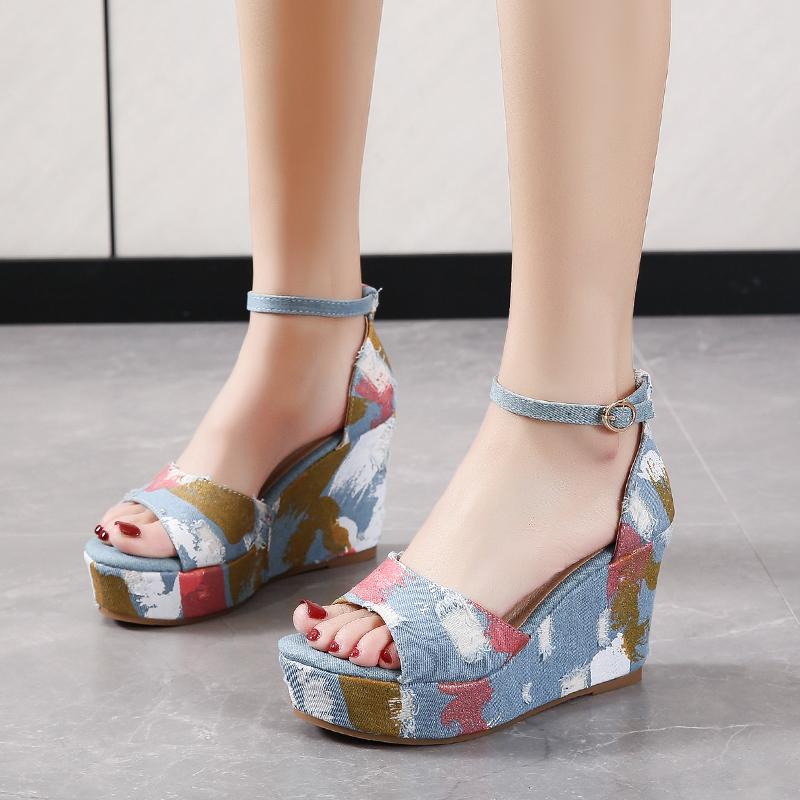 Buy Women Spring Wedge Heel Open Toe Printing Fashion Shoes at ...