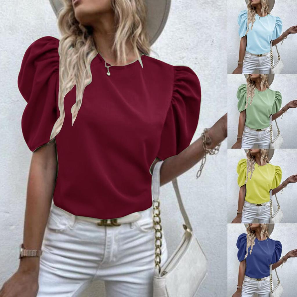 Buy (male wardrobe)Women's Casual Short Sleeve Solid Puff Sleeve Summer ...