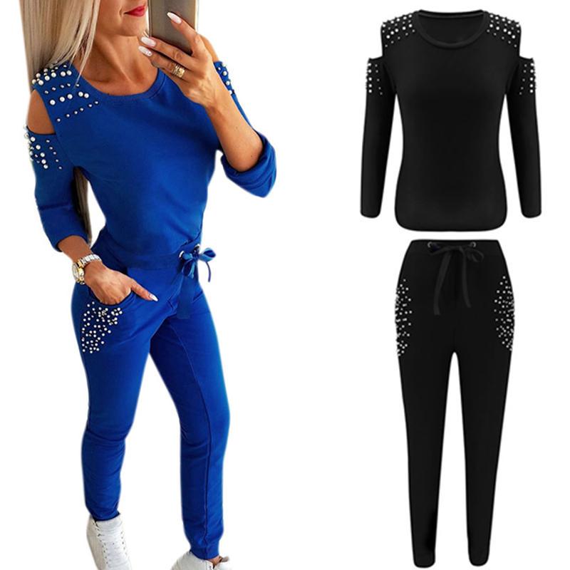Buy 2pcs Women Nail Bead Tracksuits Ladies Cold Shoulder Long Sleeve ...