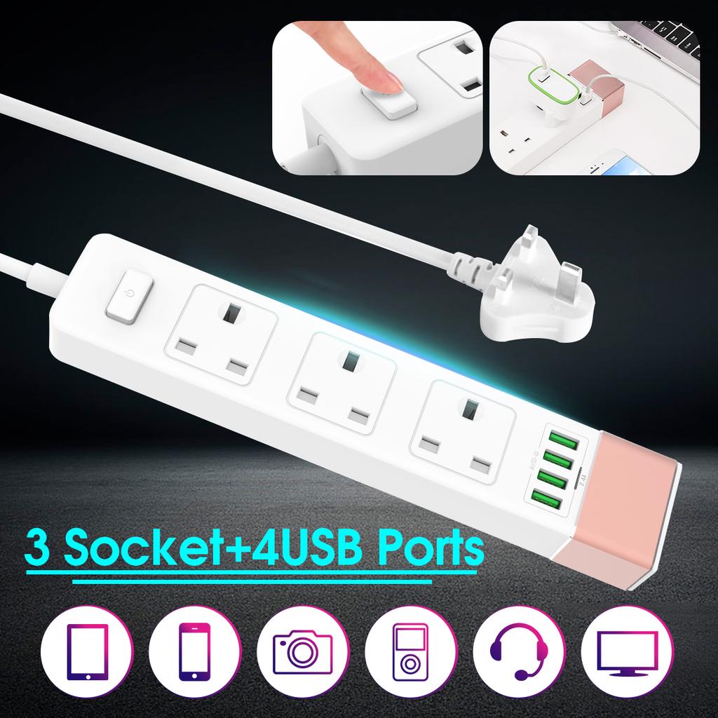 Buy 3 Outlets Plugs 4 USB Extension Socket Mains Power Lead Cable ...
