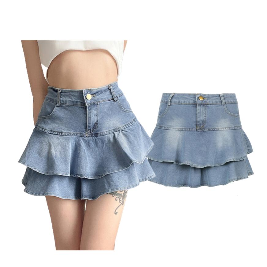 Girl Tiered Ruffled Denim Skirt Fashion High Waist A-line Jean Skirts ...