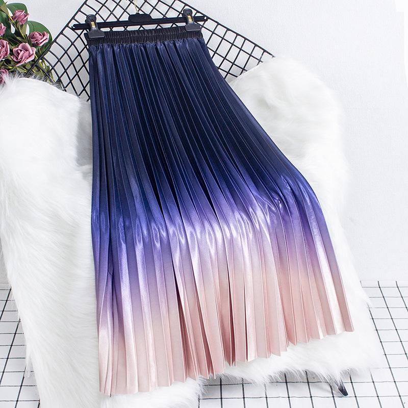 Cheap Gradient Color Pleat Skirt Women Elegant High Waist Skirt A Line ...