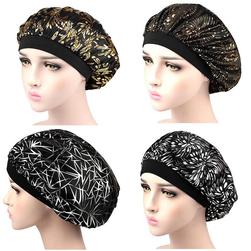 Buy Men Ladies Print Satin Wide-brimmed Sleep Hat Night Sleep Cap Hair ...