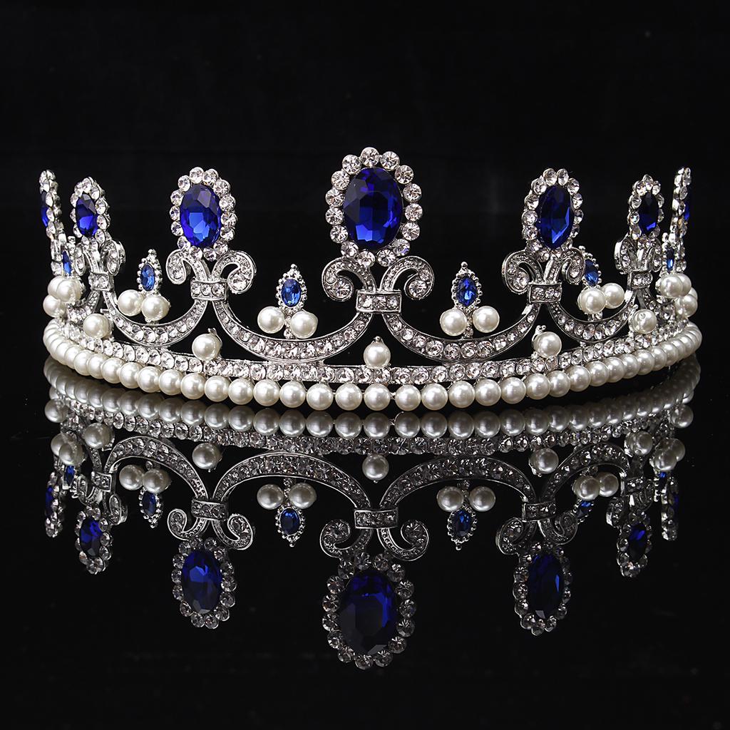 Buy Blue Crystal Rhinestone Bridal Tiara Princess Pearls Crown Wedding ...
