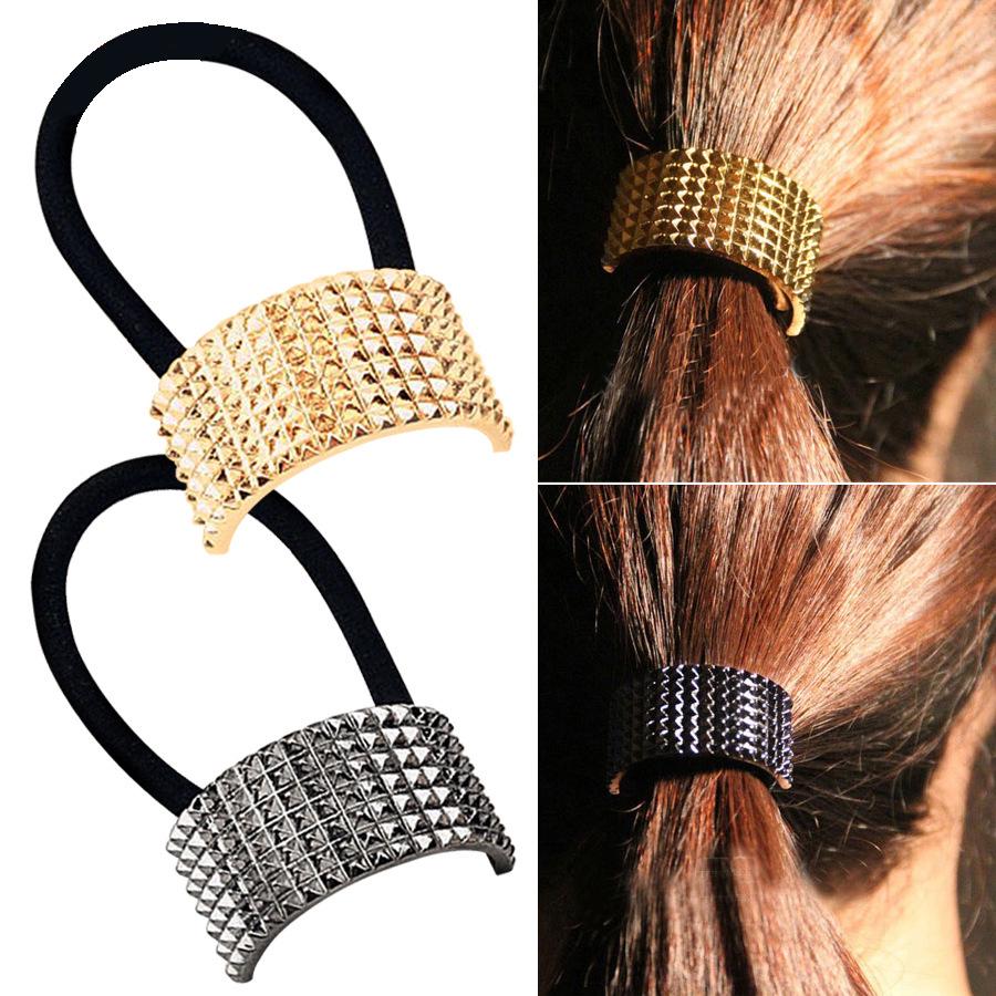 Fashion Simple Black Rubber Band Silver Rivet Half-Moon Hair Ring ...
